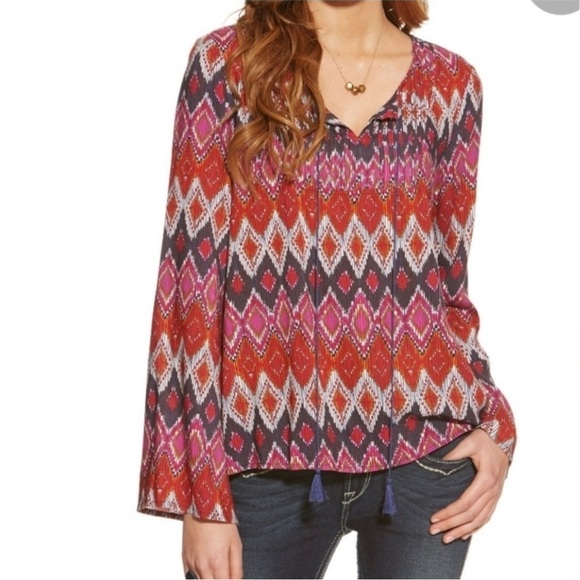 Ariat | Tops | Ariat Pin Tuck Tie Front Long Flare Sleeve Aztec Print ...